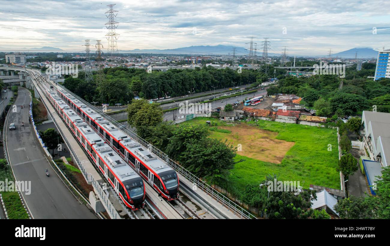 Aerial view of Jakarta LRT train trial run for phase 1 from UKI Cawang ...