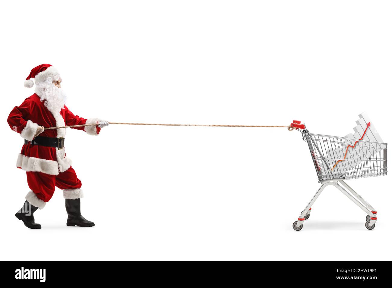 Santa claus pulling a shopping cart with a bar chart inside isolated on ...