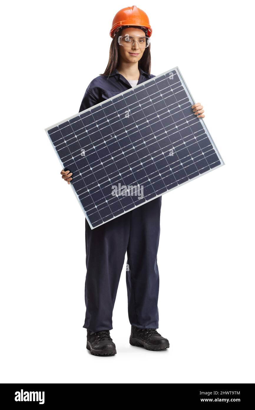 Young female technician holding a photovoltaic solar panel isolated on ...
