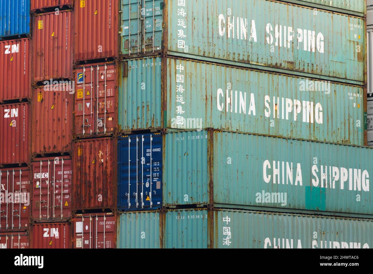 Seattle, WA, USA - March 06, 2022; Stack of intermodal shipping ...