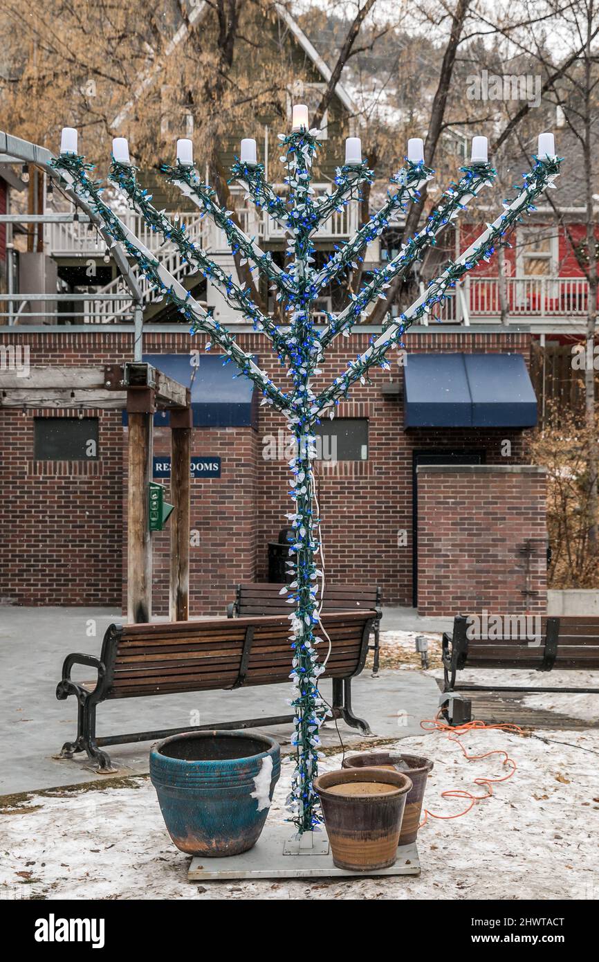 An outdoor decorative Jewish menorah to celebrate Hannakuh Stock Photo ...