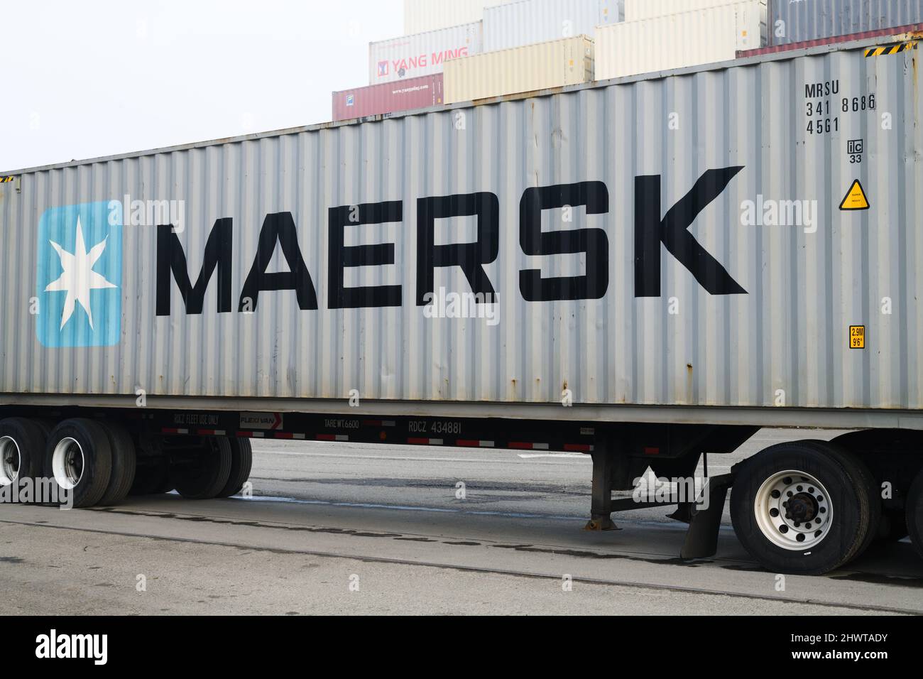 Seattle, WA, USA - March 06, 2022; Maersk intermodal shipping container ...