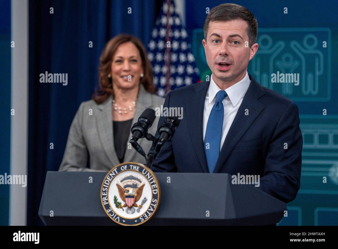 Secretary of Transportation Pete Buttigieg, with Vice President Kamala ...