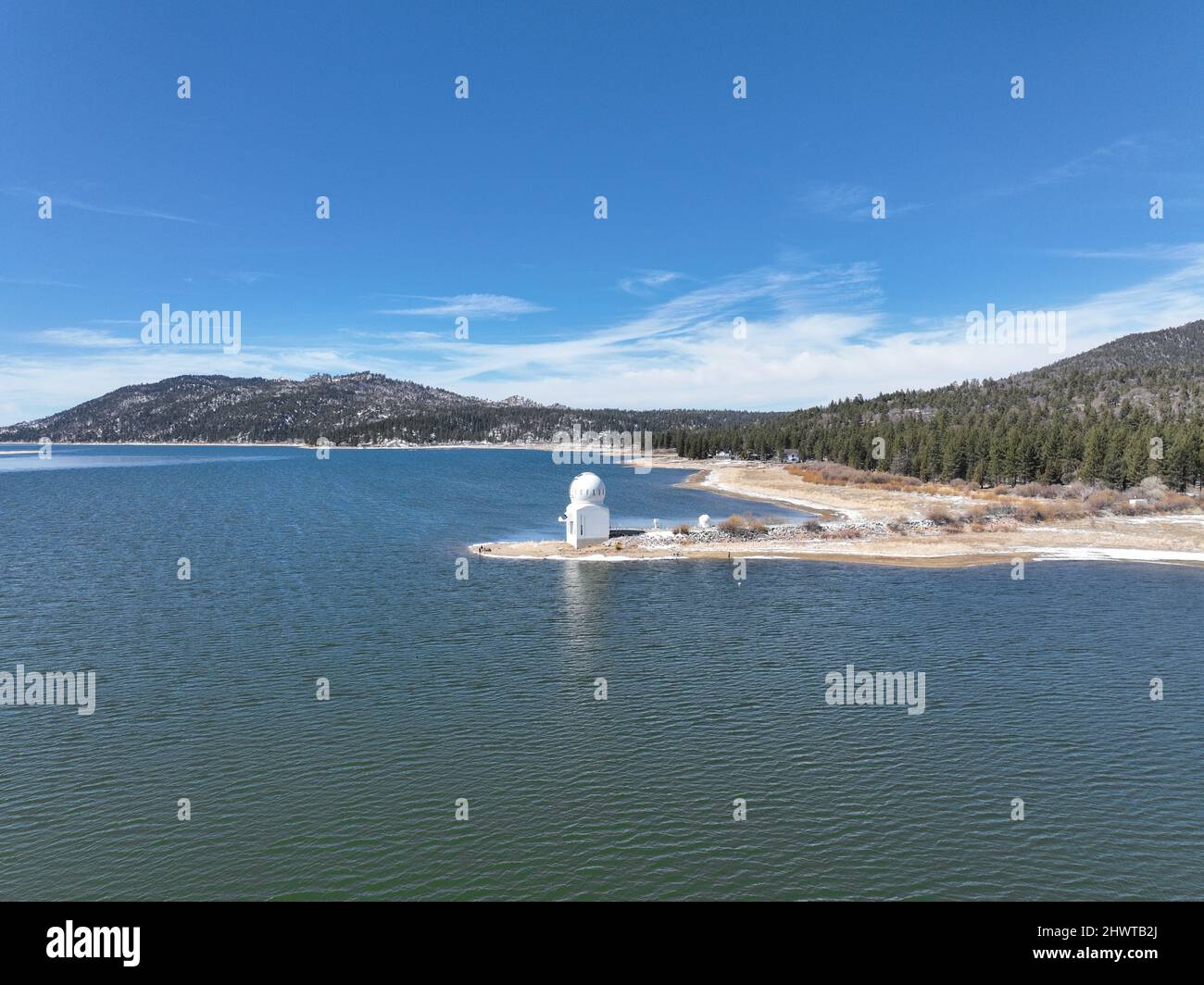 Aerial view of Big Bear Solar Observatory on the shore of Big Bear Lake ...