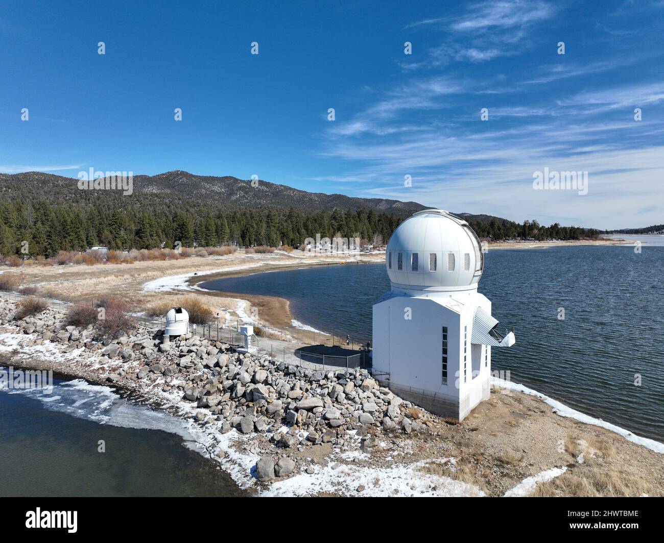 Aerial view of Big Bear Solar Observatory on the shore of Big Bear Lake ...
