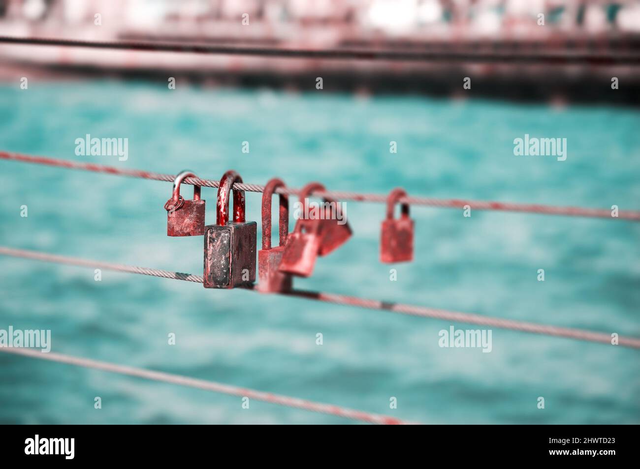 Rusty Love locks attached to railing in Tel Aviv port, Israel. Old love ...