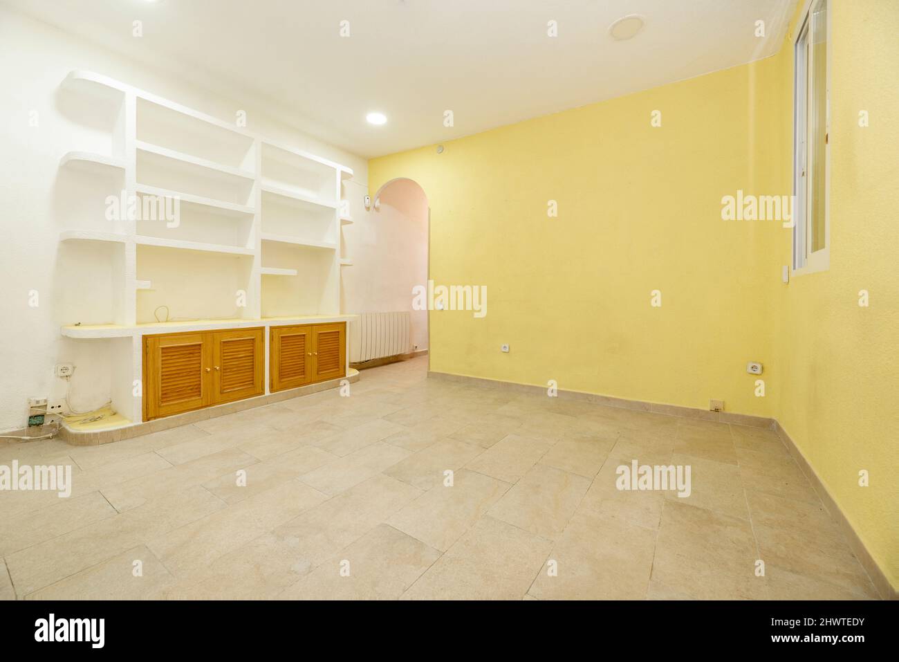 Empty living room with plaster bookcase and wooden base units with ...