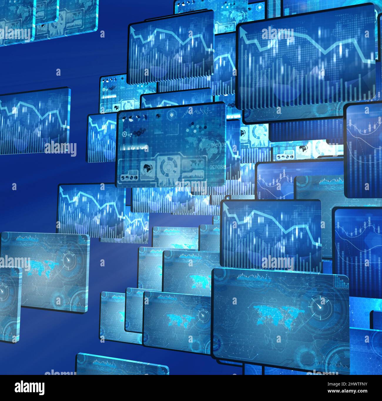 The many screen monitors with charts and graphs Stock Photo - Alamy