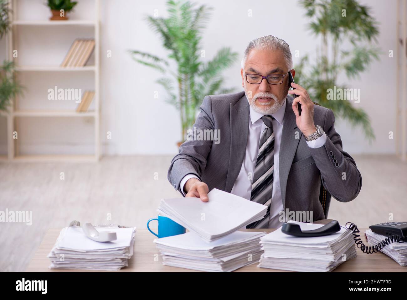 Old businessman employee and too much work at workplace Stock Photo - Alamy