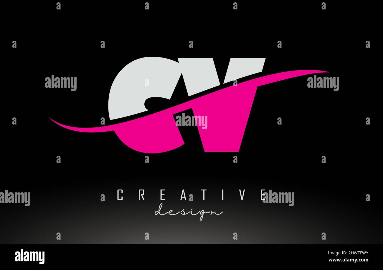 CV C V White and Pink Letter Logo with Swoosh and Curved Lines Stock ...