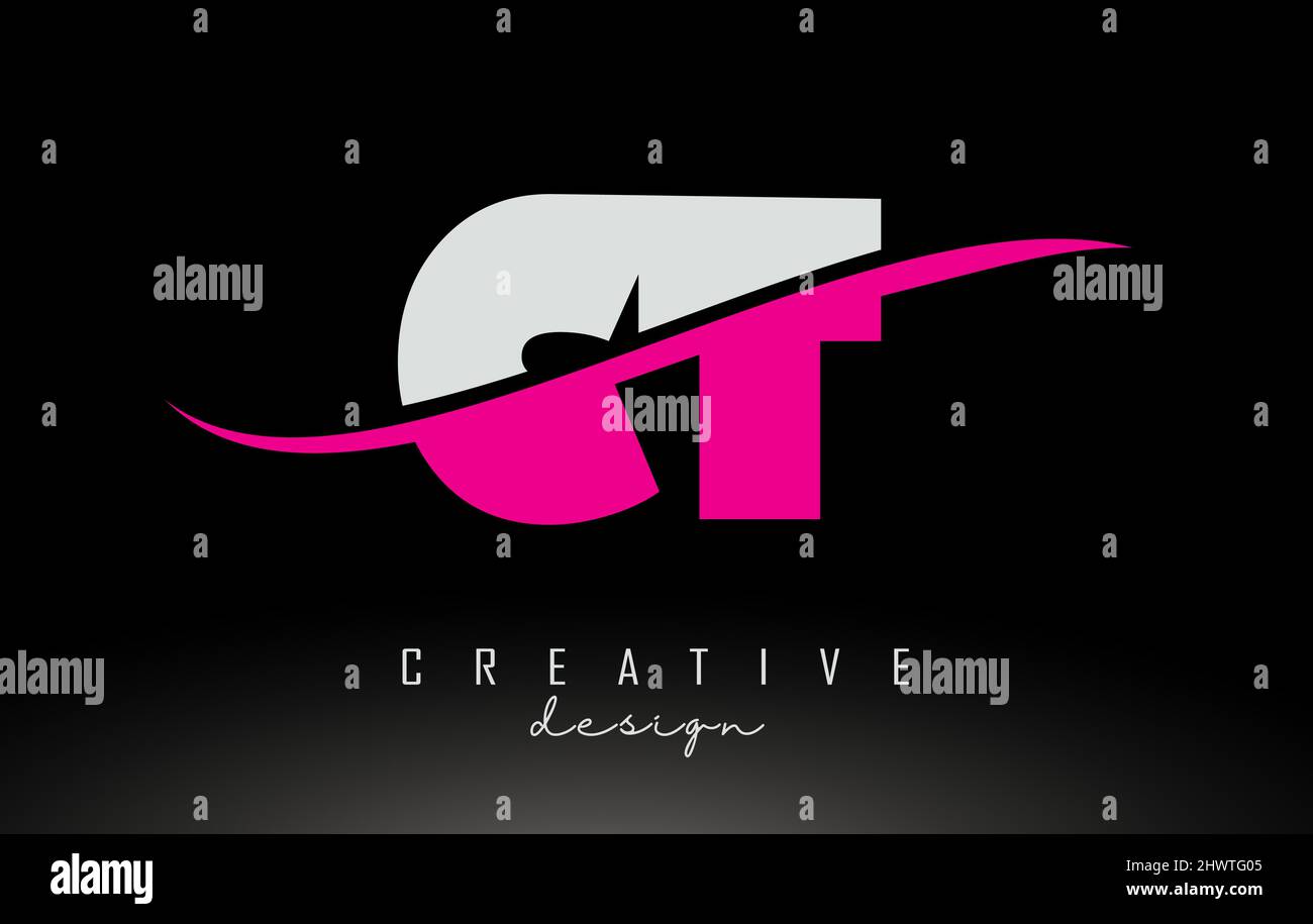 CT C T White and Pink Letter Logo with Swoosh and Curved Lines Stock ...