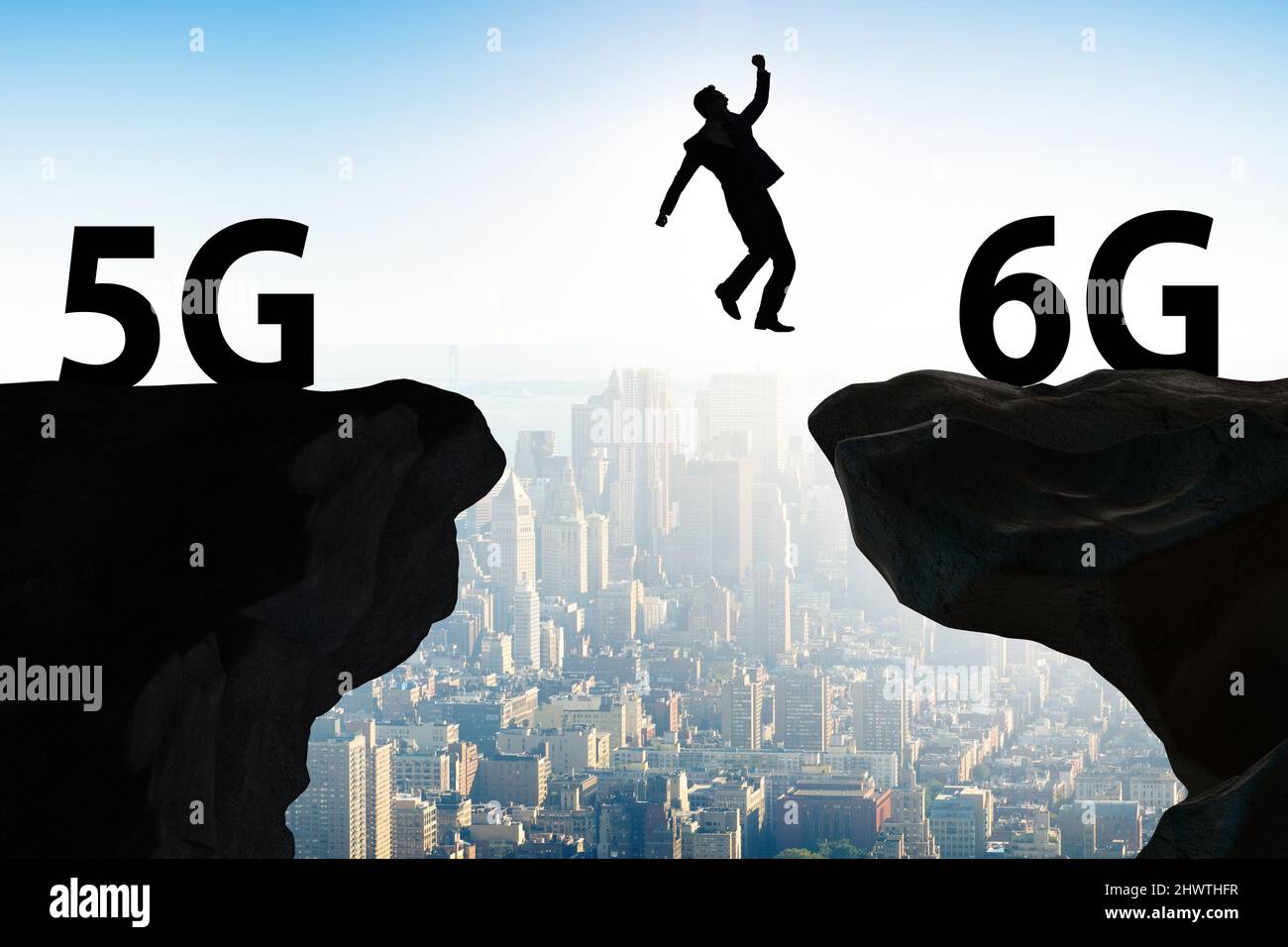 Concept of moving from 5g technology to 6g with jumping people Stock ...