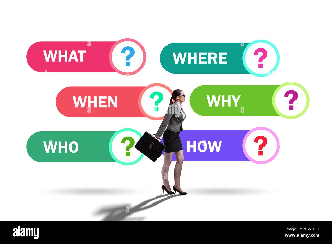 Concept of many questions with the businesswoman Stock Photo - Alamy