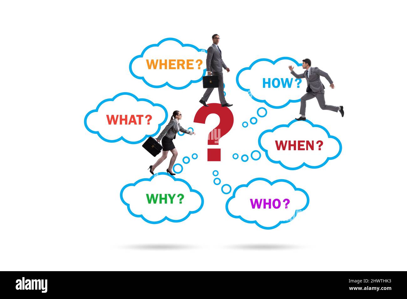 Concept of many questions with the business people Stock Photo - Alamy