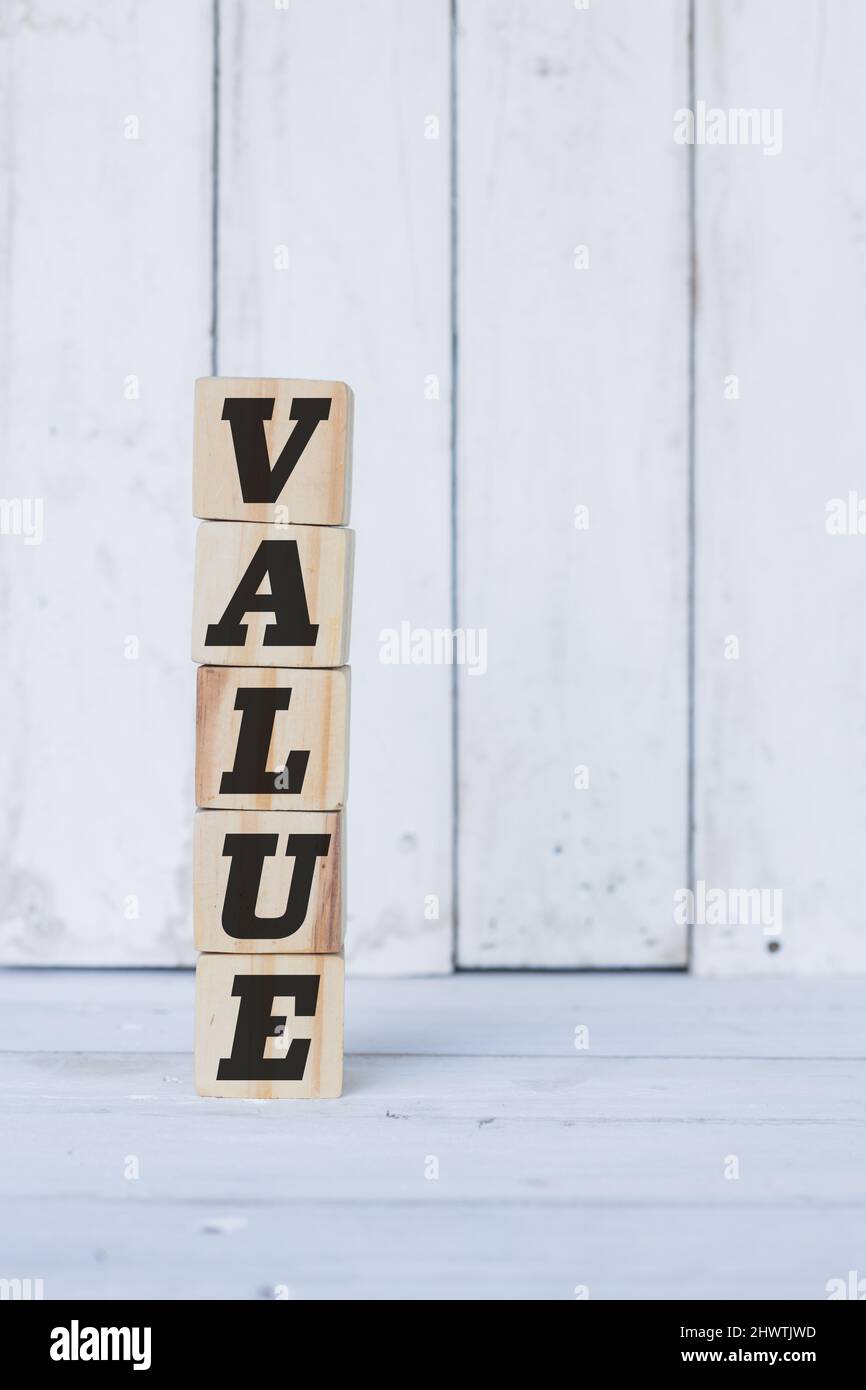 value word or concept on wooden blocks, white wood background Stock ...