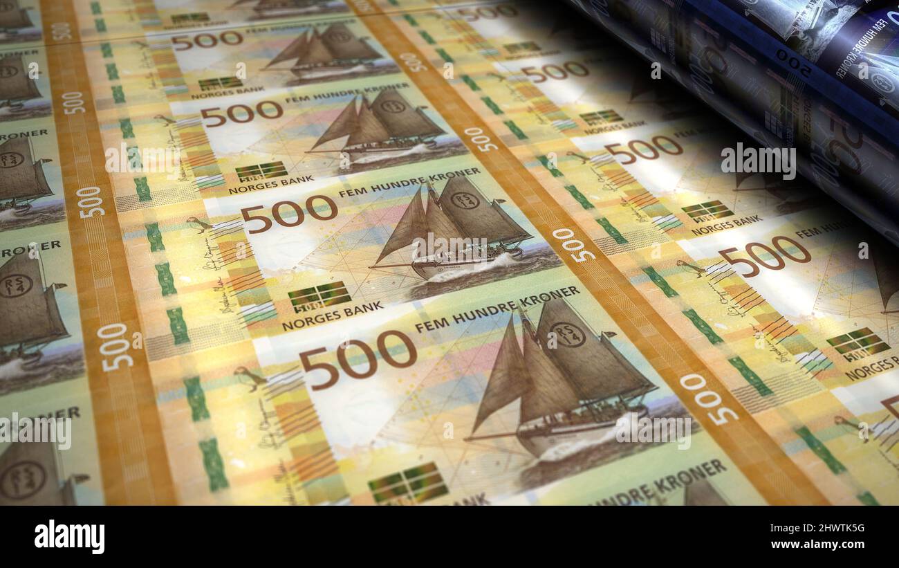 Norwegian Krone money printing 3d illustration. NOK banknote print ...