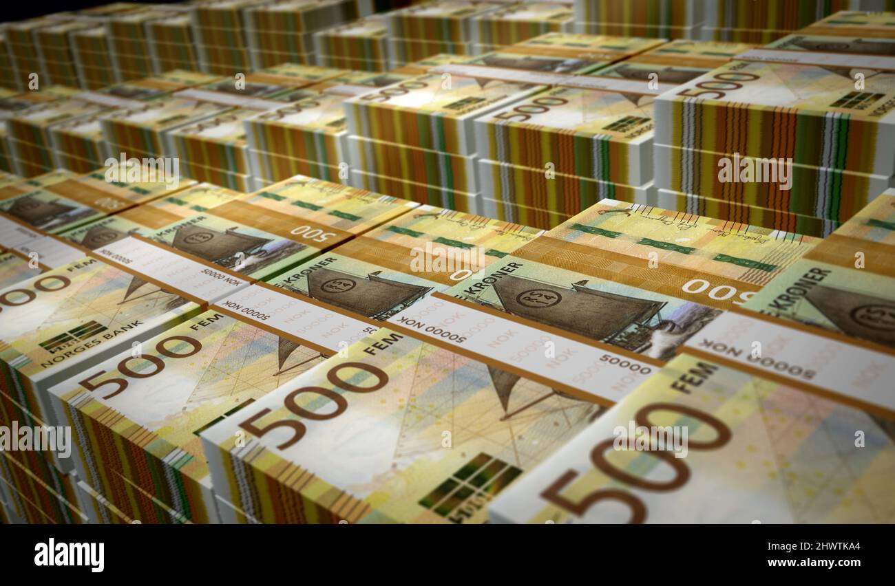 Norwegian Krone money pack 3d illustration. NOK banknote bundle stacks ...