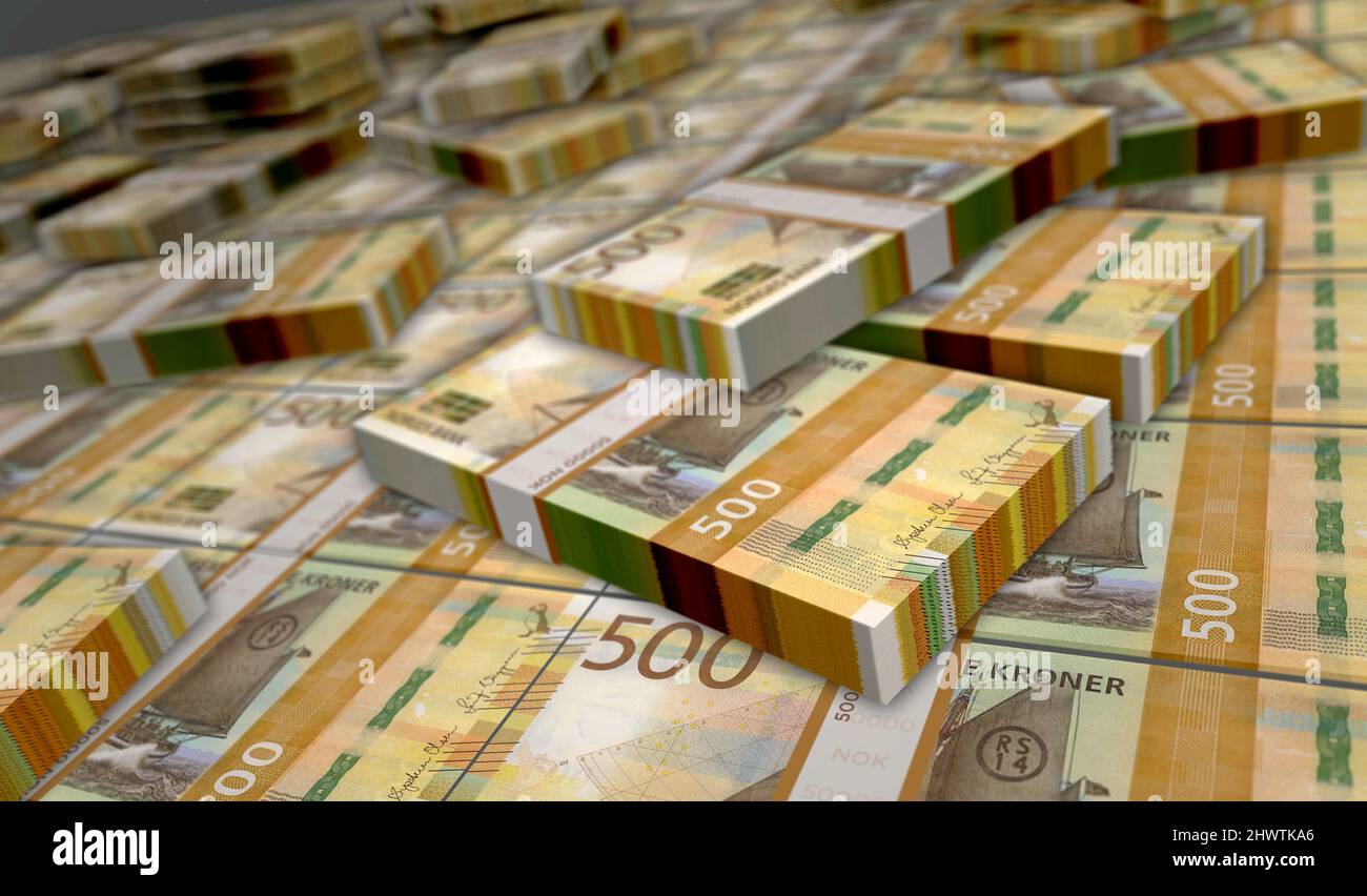 Norwegian Krone money pack 3d illustration. NOK banknote bundle stacks ...
