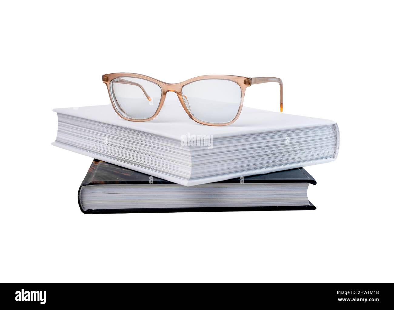 Books stack with eyeglasses isolated on white background. Encyclopedia ...