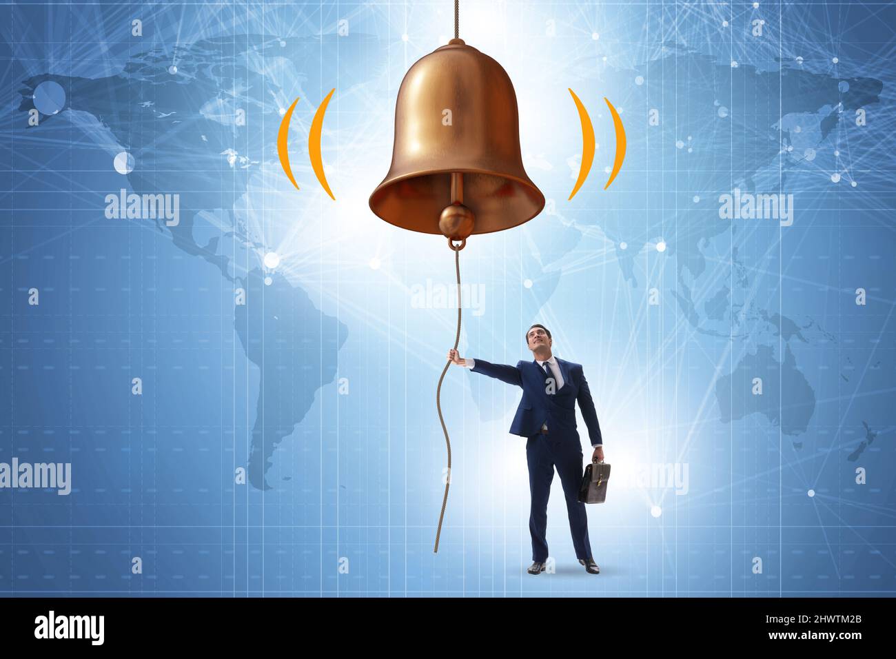 Businessman ringing the bell in case of the danger Stock Photo - Alamy