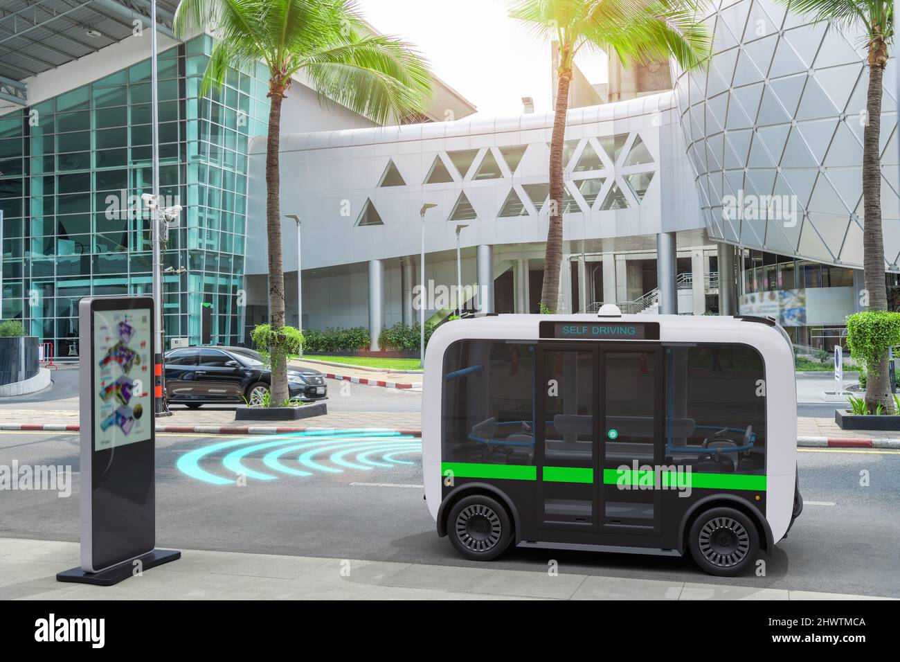 Autonomous electric bus self driving on street, Smart vehicle ...