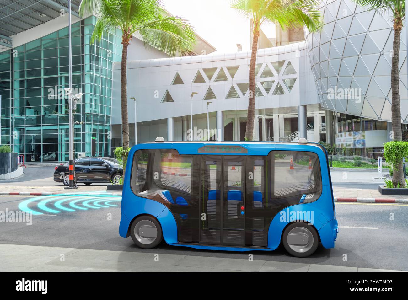 Autonomous electric bus self driving on street, Smart vehicle ...