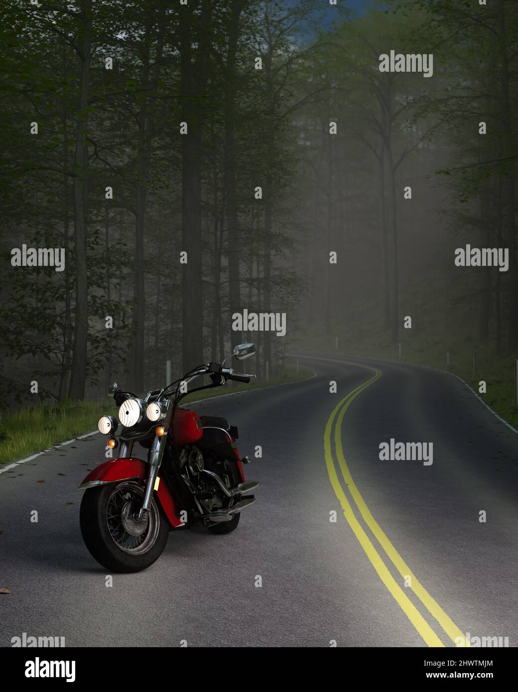 Portrait format view of a motorcycle parked on an empty road in the ...