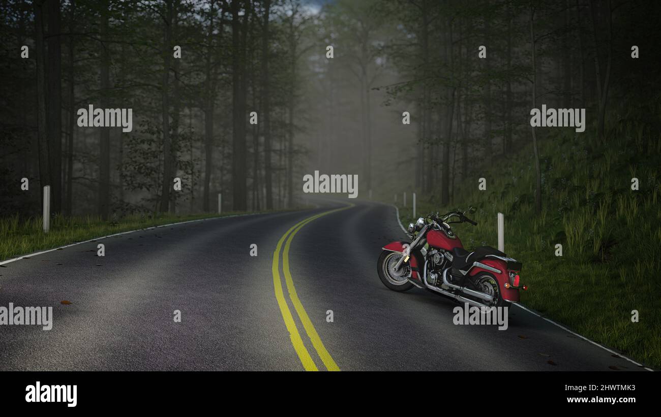 Large red motorcycle parked at the side of a tree lined forest road. 3D ...