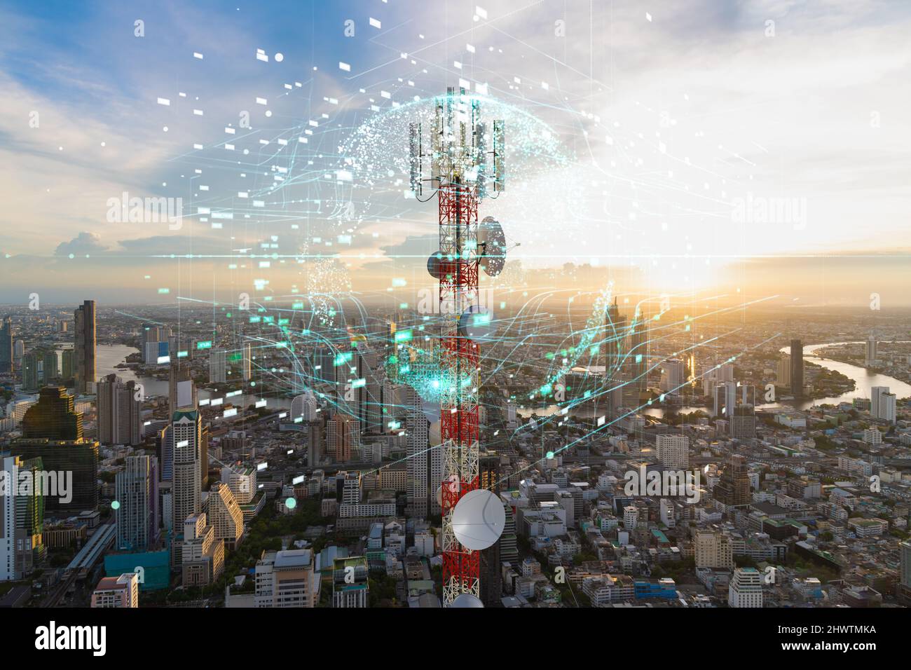 Telecommunication tower with 5G cellular network antenna on city background, Global connection ...