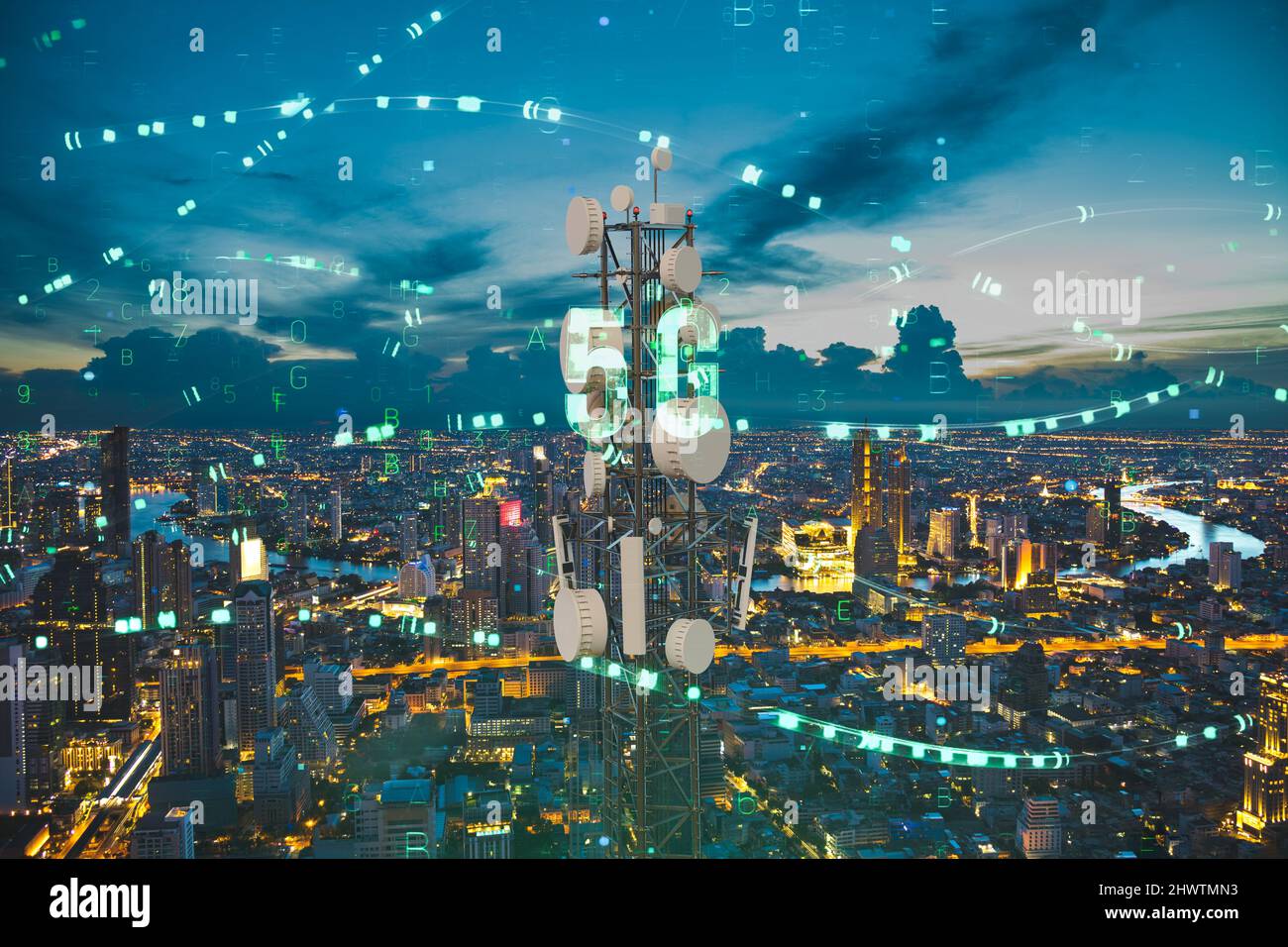 Telecommunication tower with 5G cellular network antenna on night city background, Digital big ...