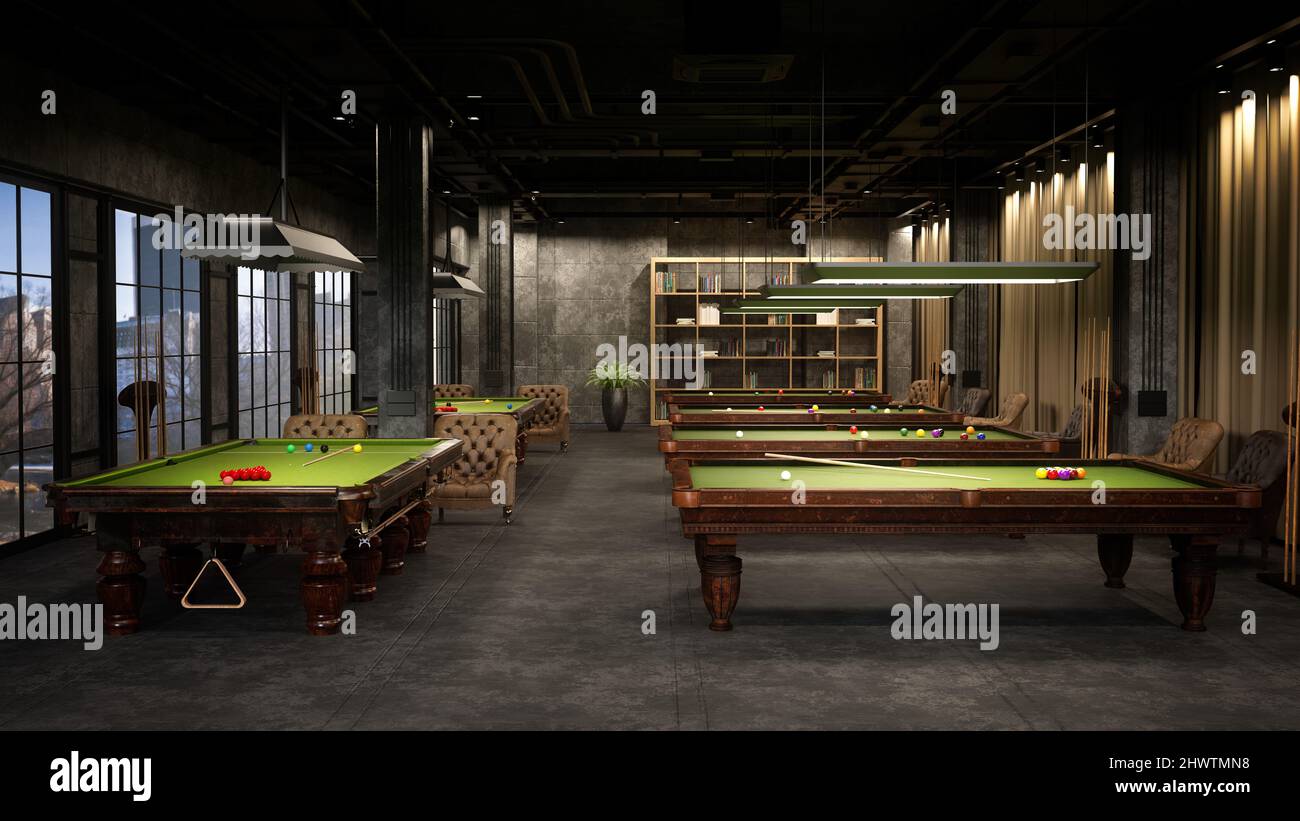 Snooker or Billiards club interior with multiple tables and windows ...