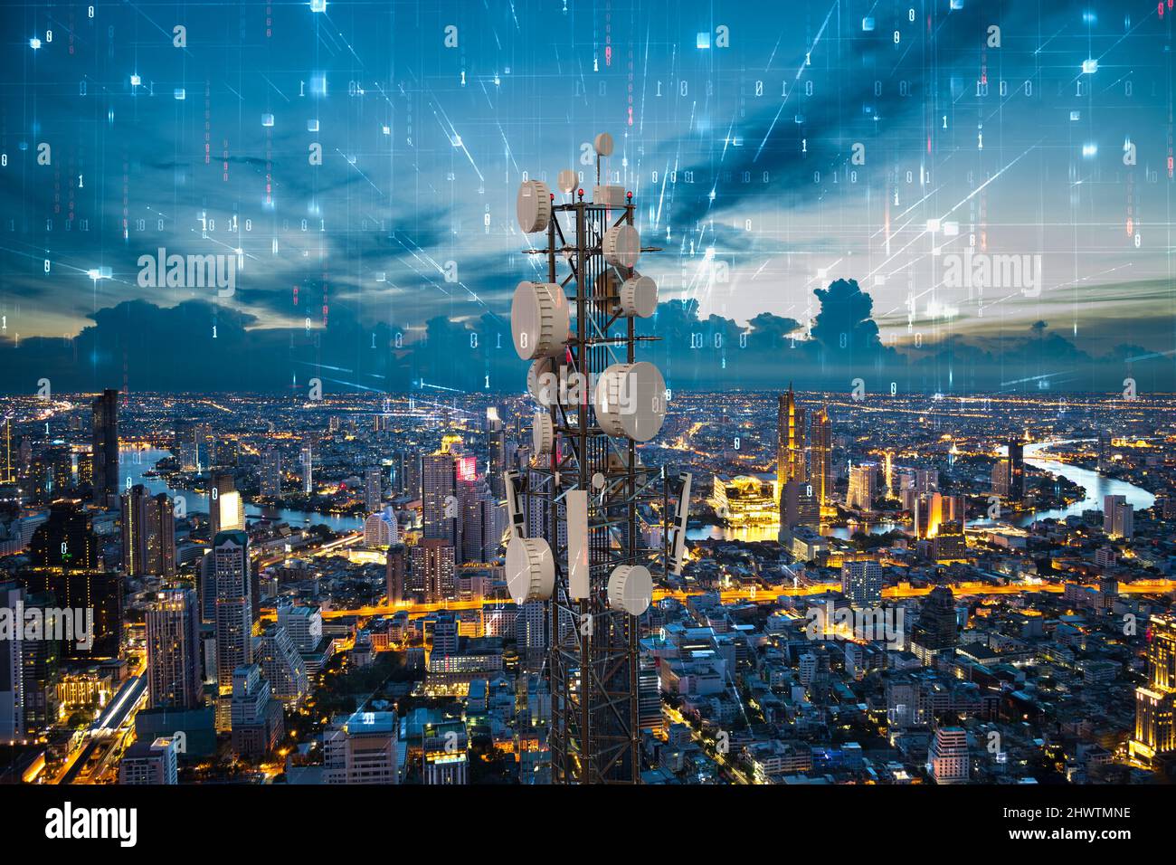 Telecommunication tower with 5G cellular network antenna on night city background, Digital big ...