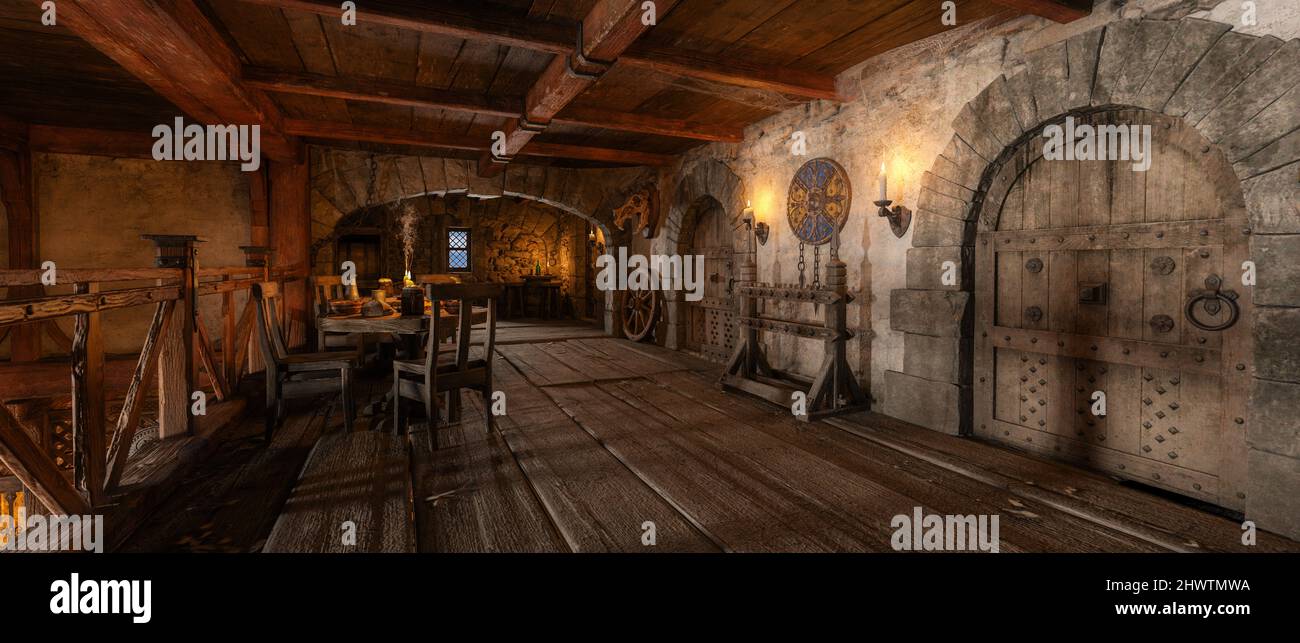 Wide panoramic 3d illustration of upstairs room in medieval fantasy inn ...