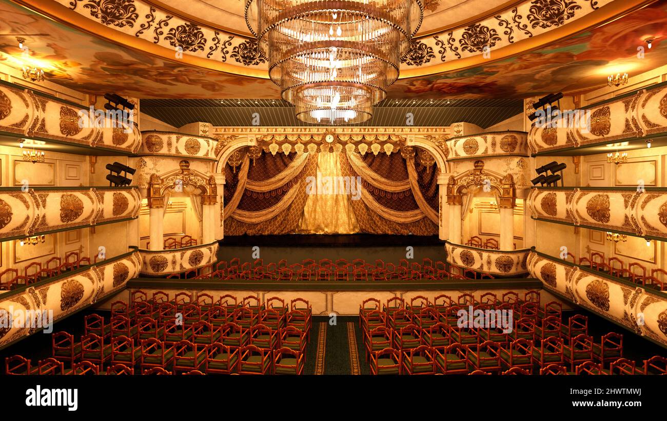 Grand old opera house theatre interior with empty stage and seats. 3D ...
