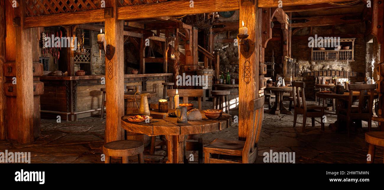 Wide panorama 3D rendering of fantasy medieval tavern bar Stock Photo ...