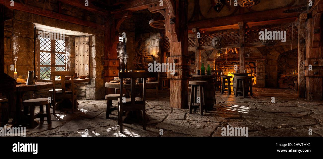 Wide panoramic view of the bar area in a fantasy medieval tavern with ...