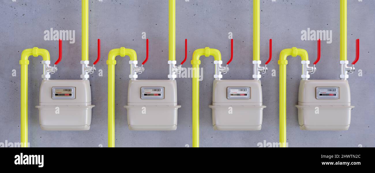 Natural gas meter in a row. Household energy consumption measurement ...