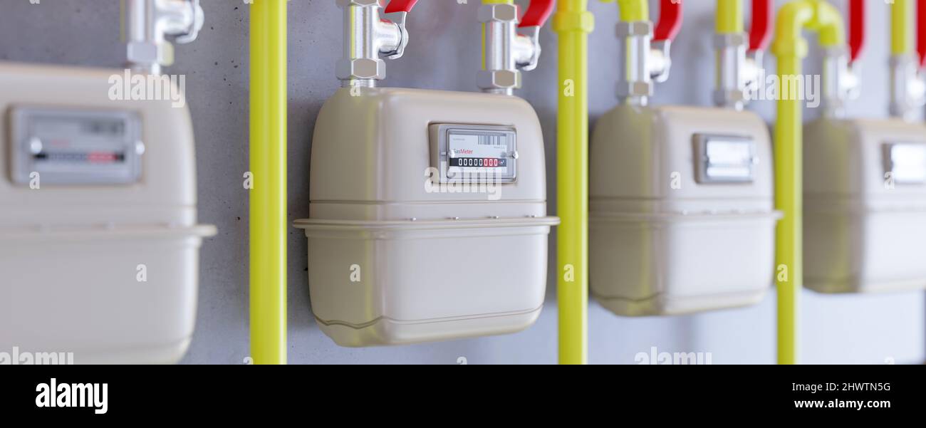 Natural gas meter in a row. Yellow plumbing pipe on residential ...