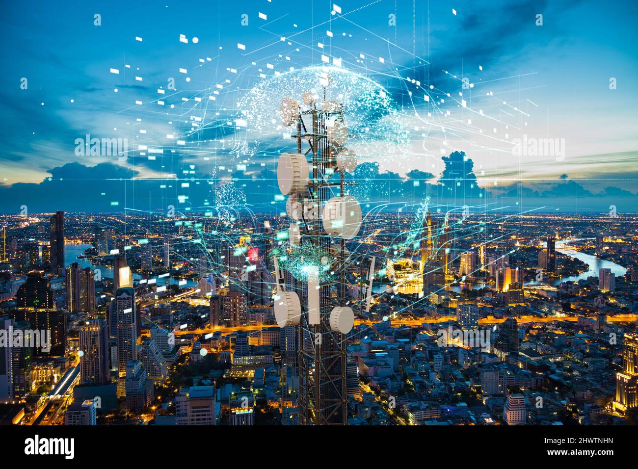 Telecommunication tower with 5G cellular network antenna on night city ...