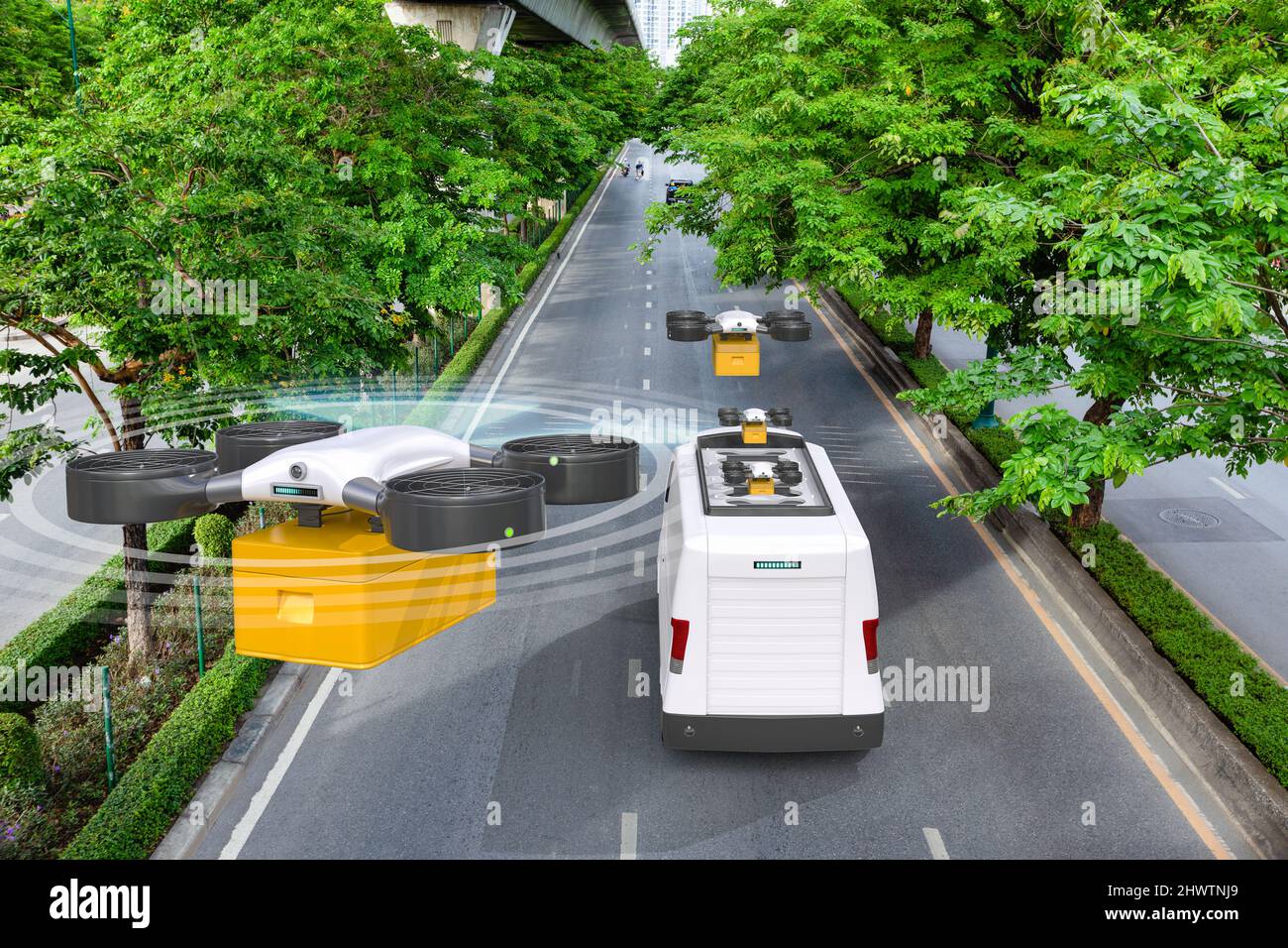 Autonomous delivery drone landing to electric van after deliver parcel ...