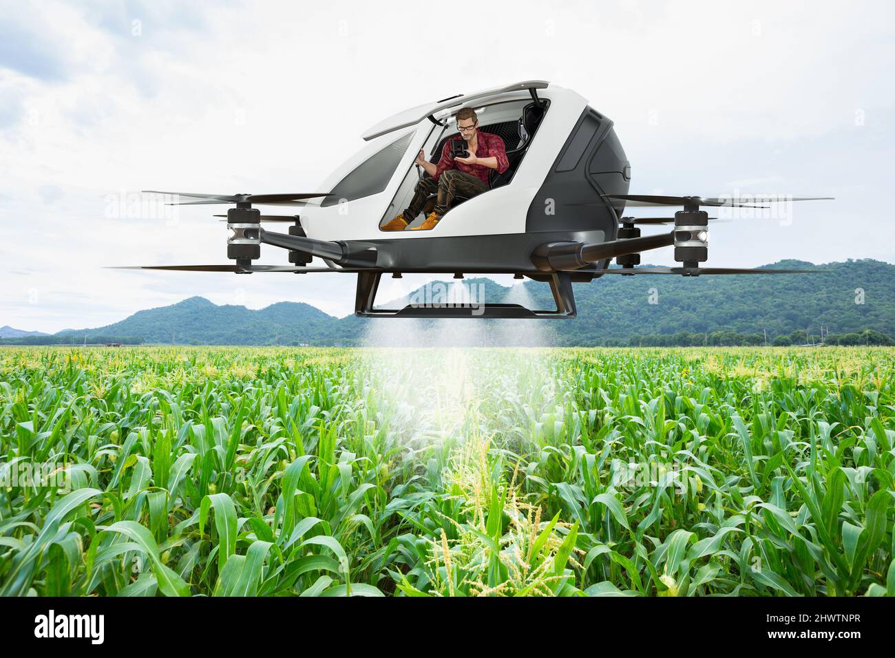 Agriculture autonomous aerial vehicle driving to spray fertilizer on ...