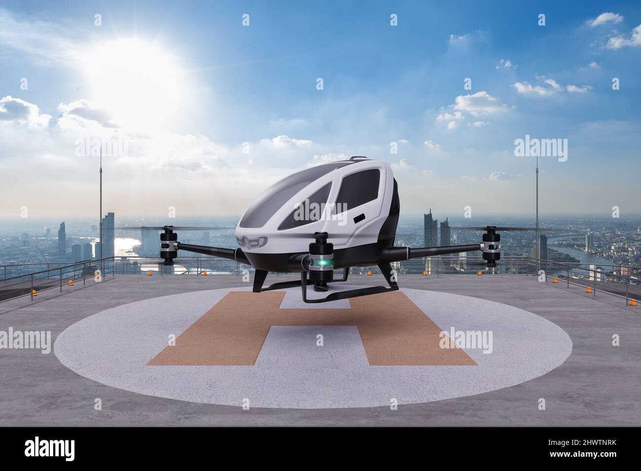 Autonomous driverless aerial vehicle takeoff on building rooftop, 3d ...