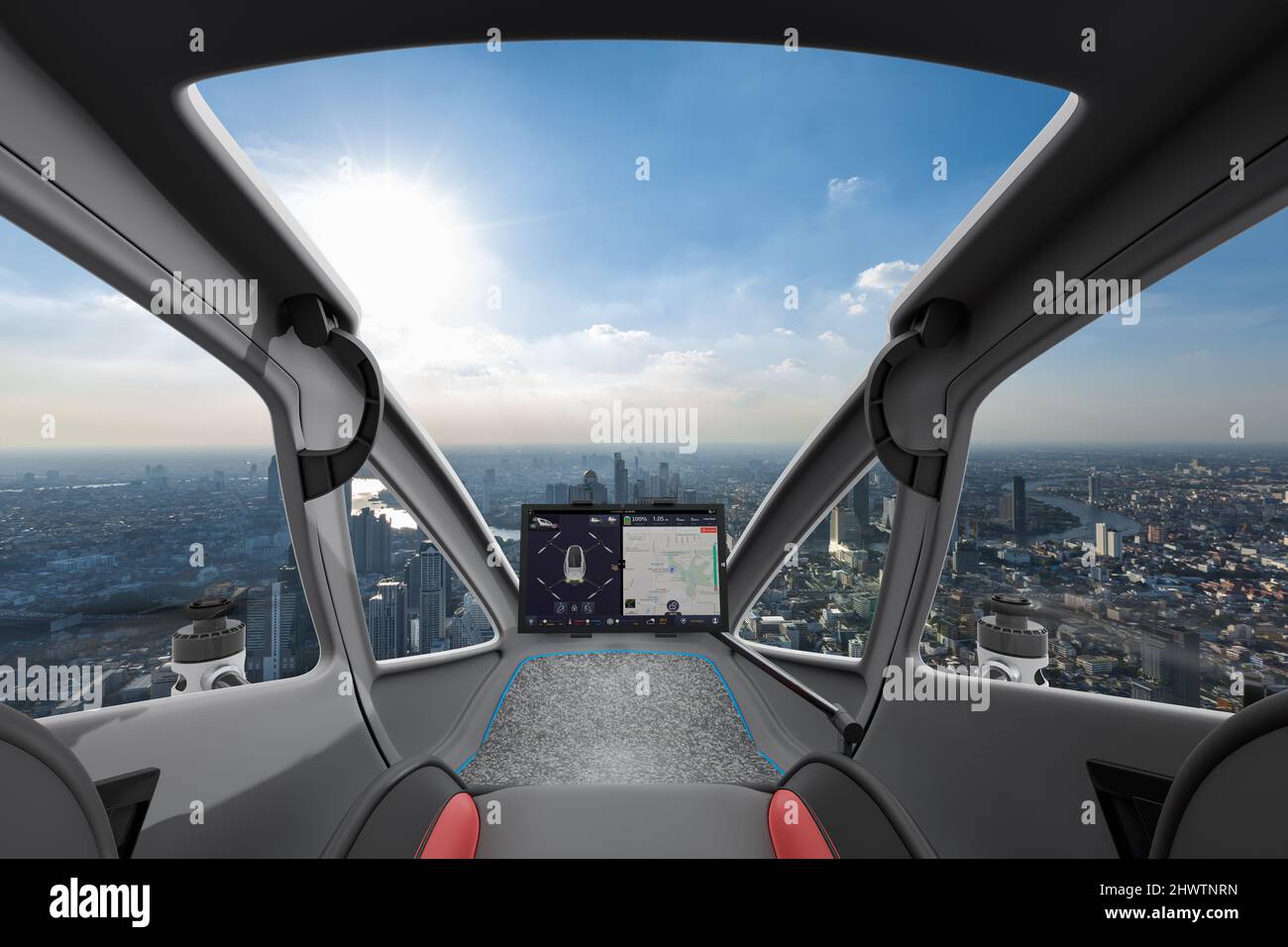 Autonomous driverless aerial vehicle flying on city background, Future ...