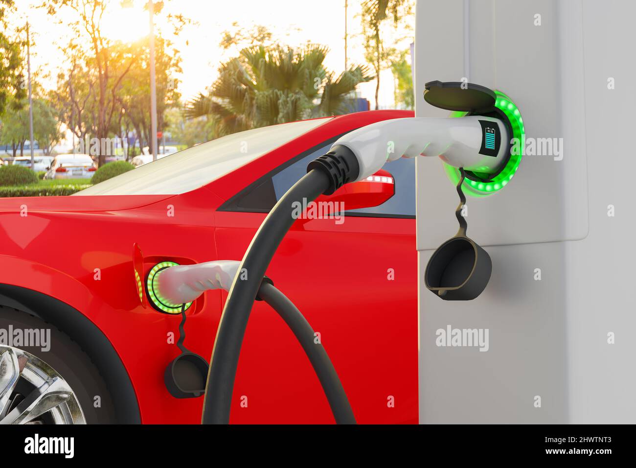 Electric vehicle power plugged charging at station with load indicator ...