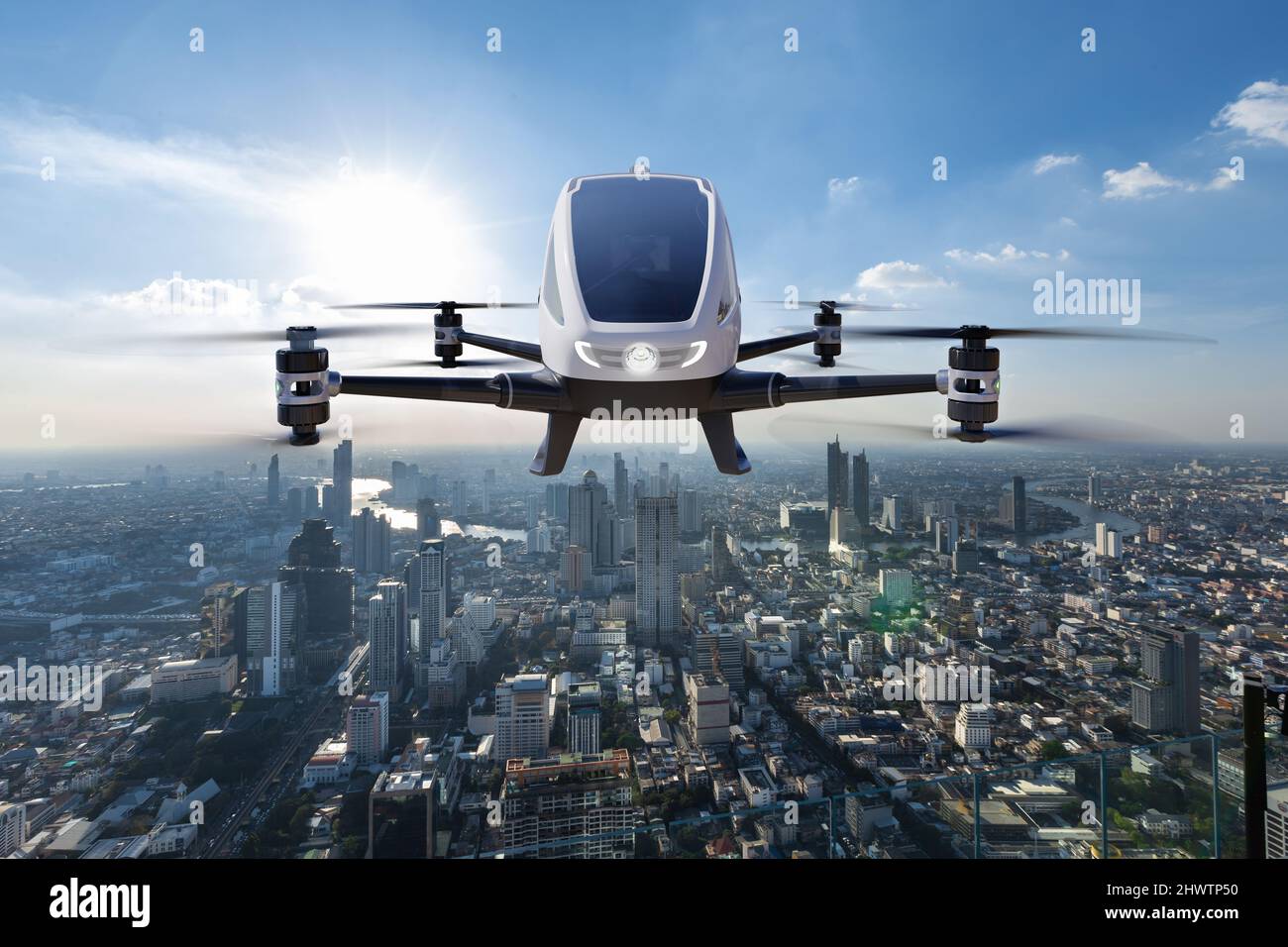 Autonomous driverless aerial vehicle flying on city background, Future ...