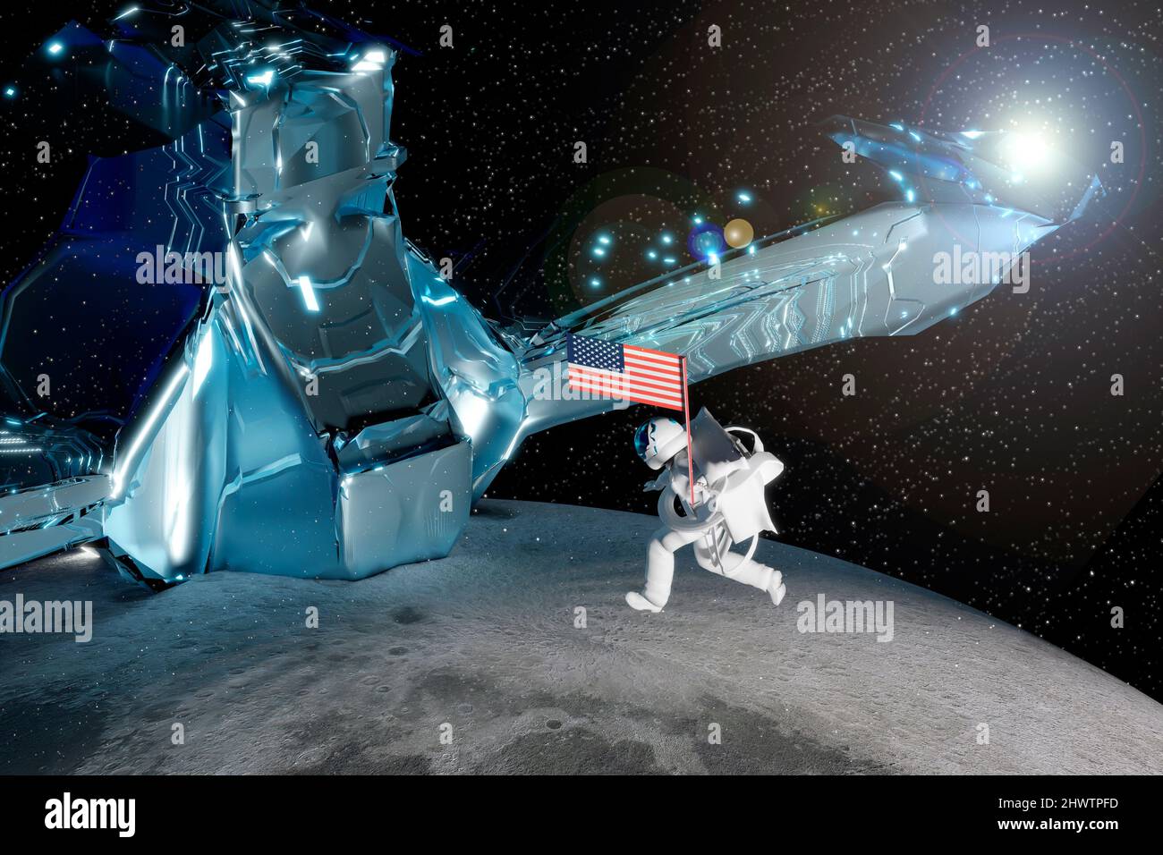 Woman wears astronaut suit in zero gravity mission travel moon exploration holds USA flag in ...