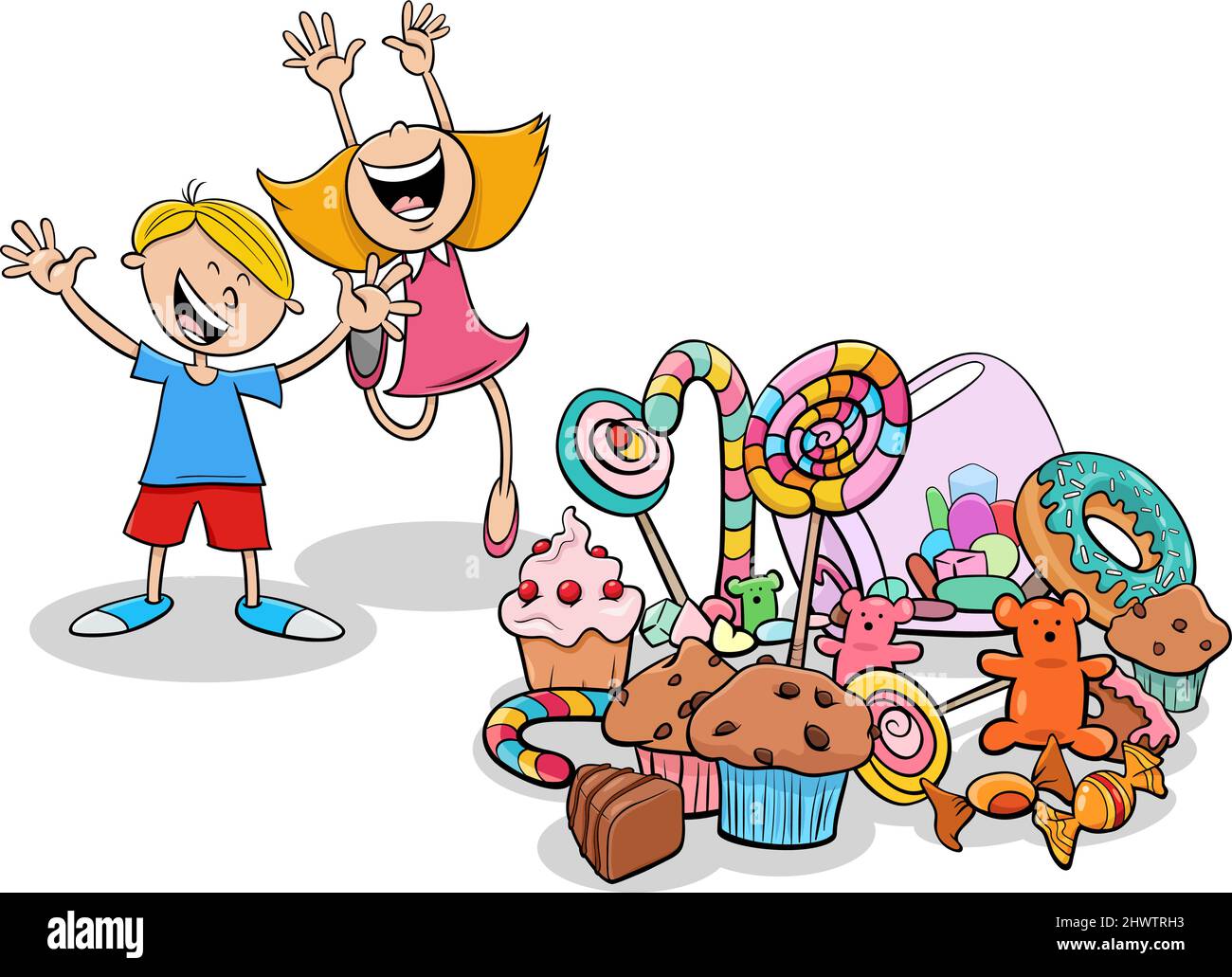 Cartoon illustration of children characters and a pile of sweets Stock ...