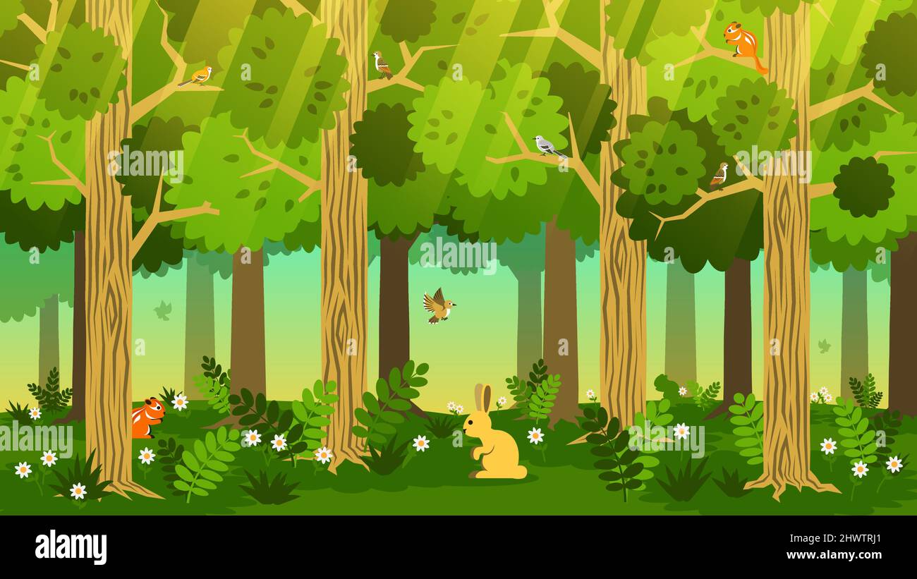 Forest cartoon landscape with trees, grass, animals and birds Stock ...