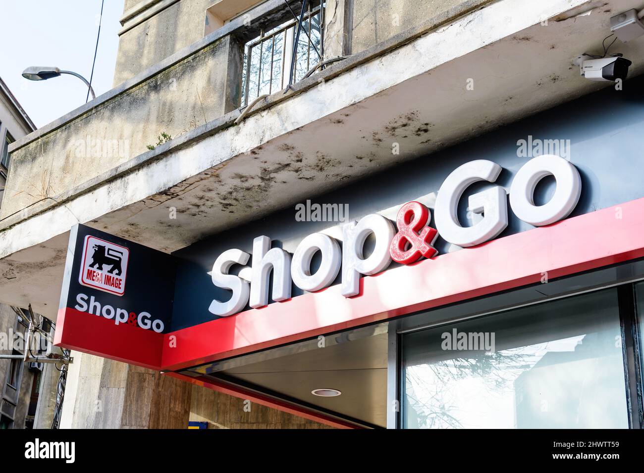 Bucharest, Romania, 6 November 2021: Entry sign with logo for a small ...