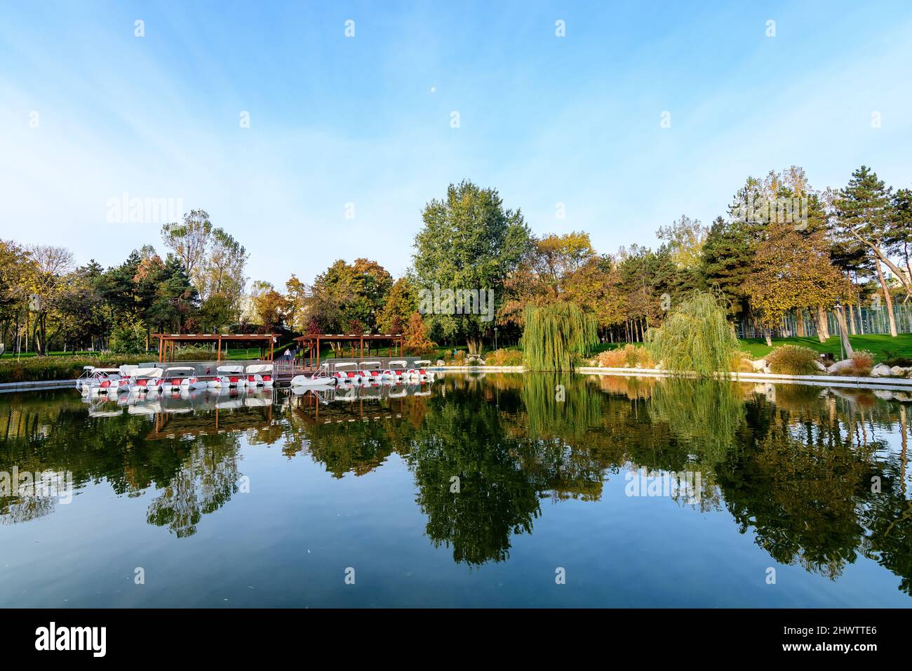 Landscape with the lake and green and yellow trees in Drumul Taberei ...